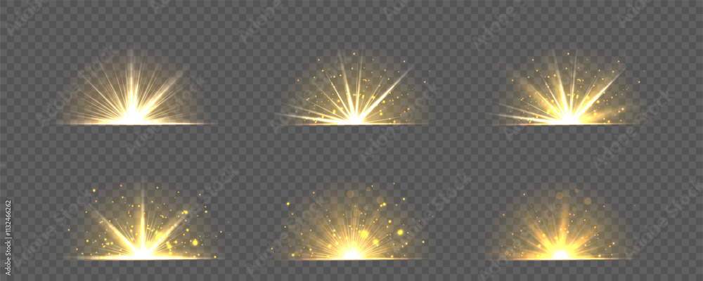 Set of Golden Light Bursts: Shimmering Star Effects, Radiant Sun Flares ...