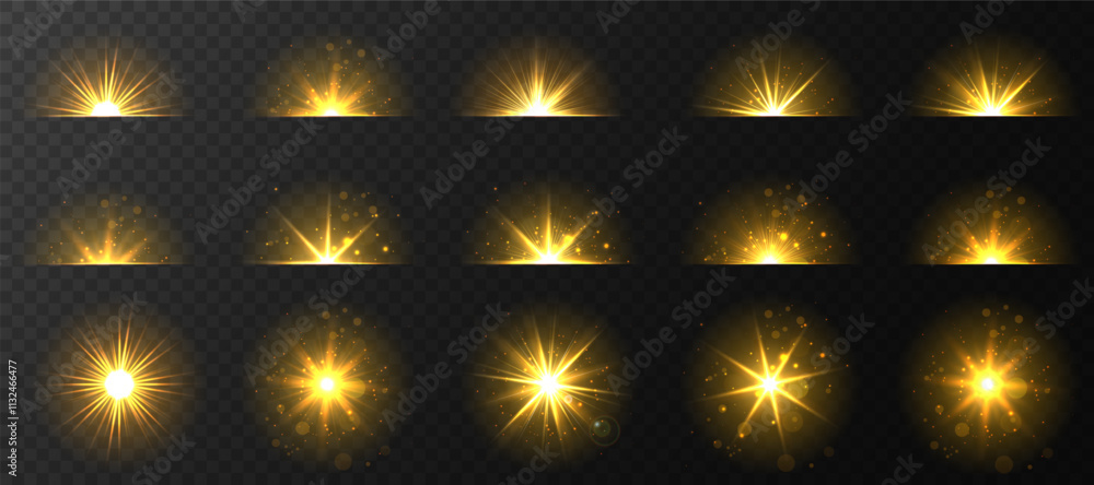 Set of Golden Light Bursts: Shimmering Star Effects, Radiant Sun Flares ...