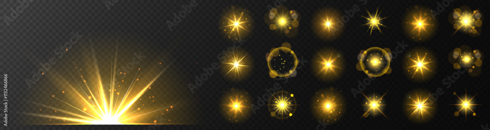 Set of Golden Light Bursts: Shimmering Star Effects, Radiant Sun Flares ...
