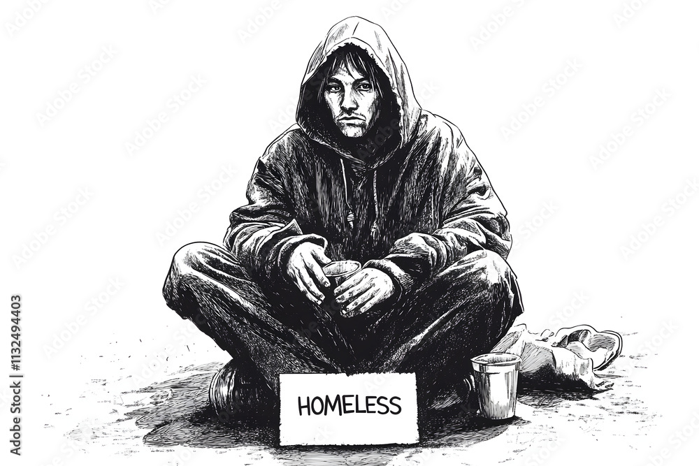Black-and-white illustration of a homeless person sitting with a sign ...