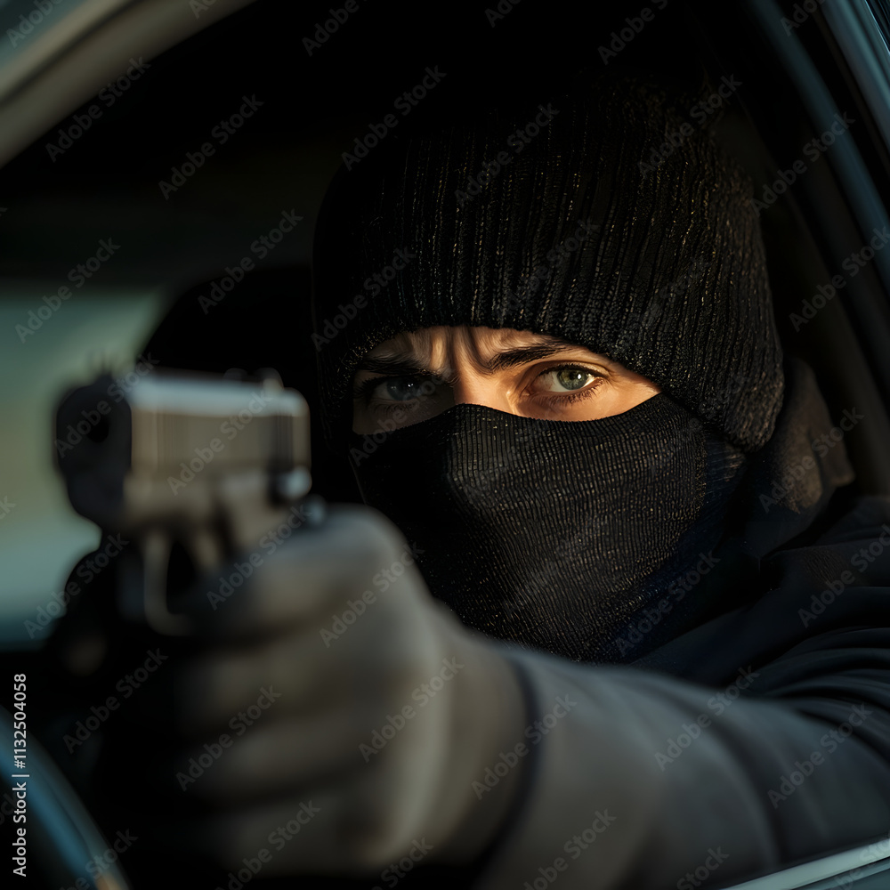 Armed masked individual in a car pointing a gun, showcasing crime ...