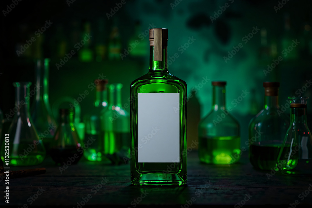 Mockup of an absinthe bottle with a sleek design, featured on a unique ...