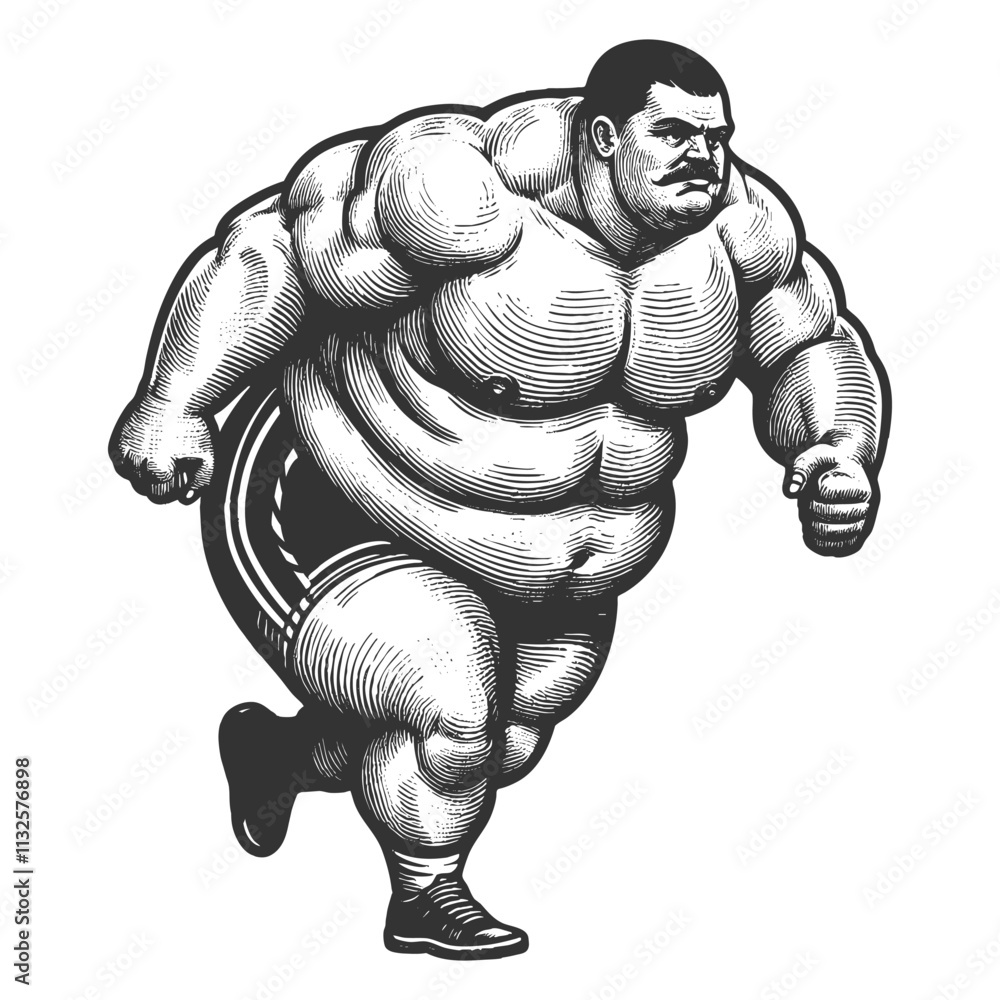 overweight body positive runner with fat belly, mid-stride, showcasing ...