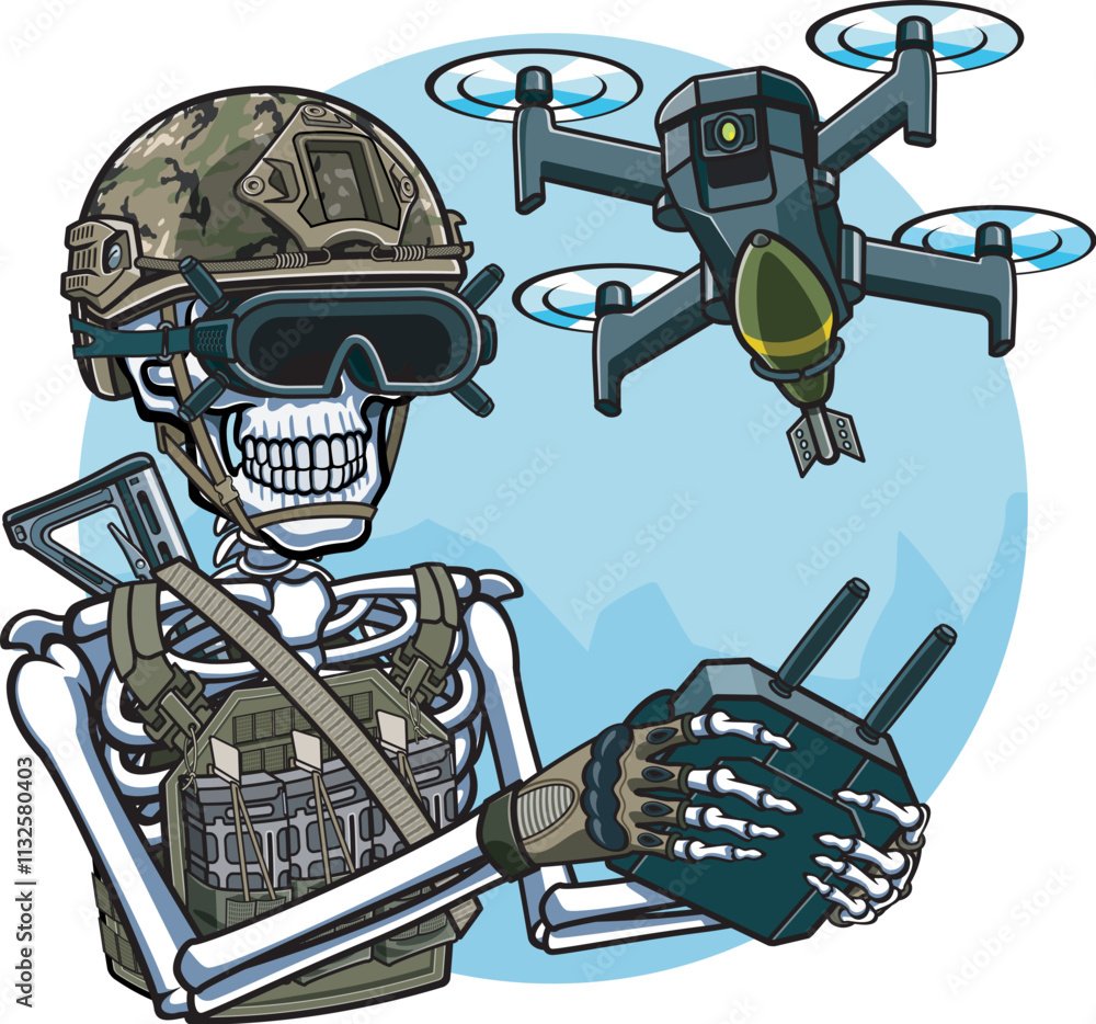 Skeleton soldier operating fpv Unmanned aerial vehicle kamikaze drone ...
