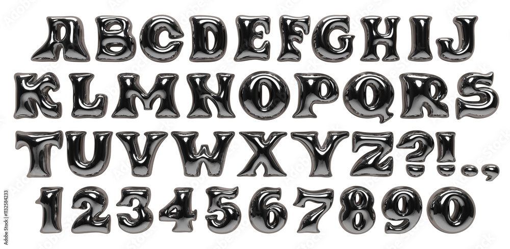 3d chrome rounded font. Bold silver serif alphabet. Metal letters ...