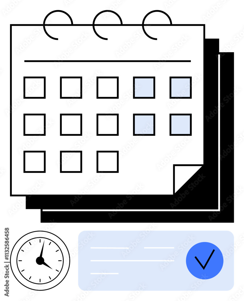 Calendar with highlighted dates, clock, and checklist for task ...