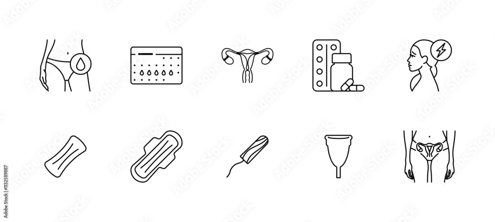 Menstruation icons. Line icon set related female period - female body ...