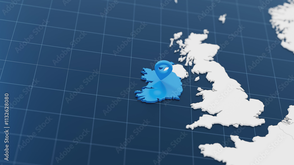 Blue Ireland 3d map with pointer pin surrounded with other countries in ...