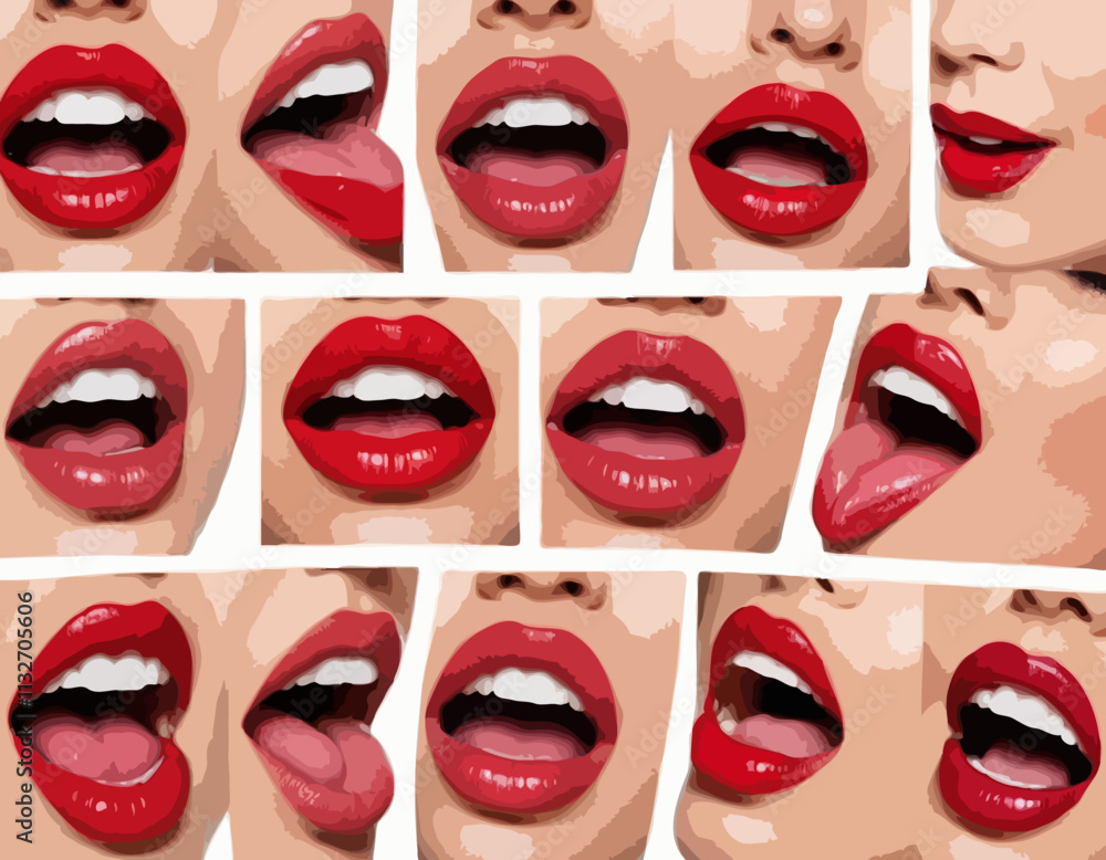 Red lips collection. Vector illustration of sexy woman's lips expressing different emotions ...