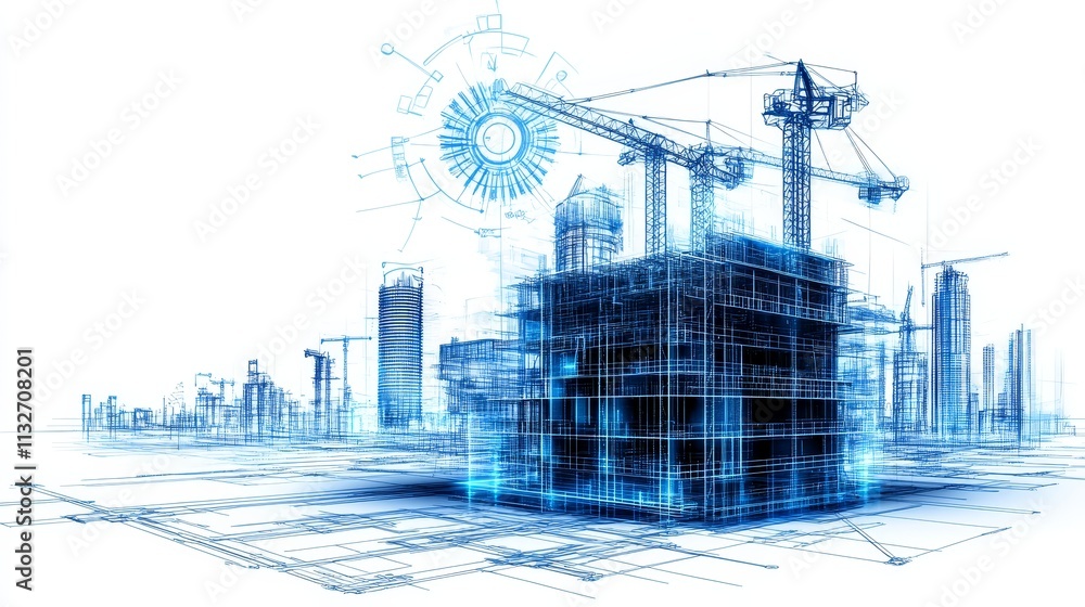 Modern building under construction with detailed blueprints ...