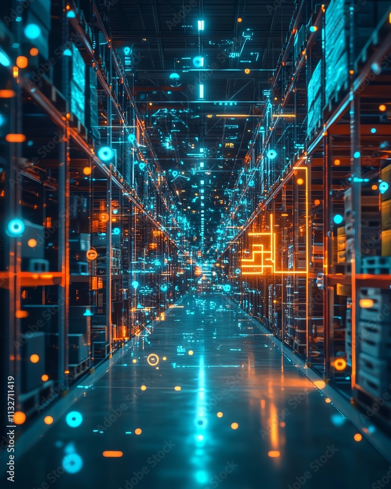 Digital icons showcasing modern technology in a warehouse, representing innovation in logistics ...