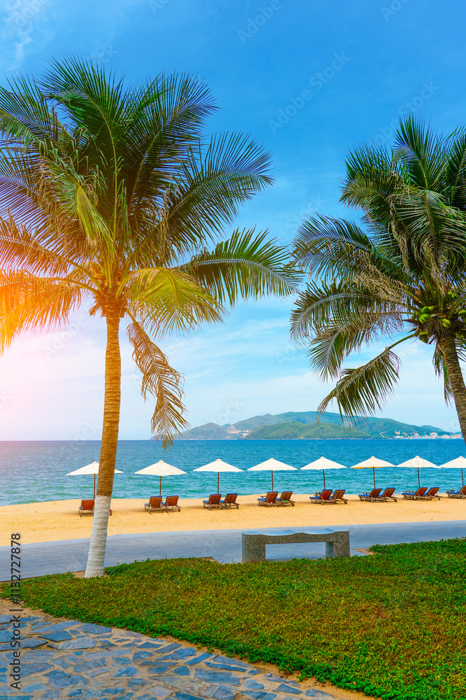 Beaches and sun tables Row of empty sun loungers lined up behind the ...