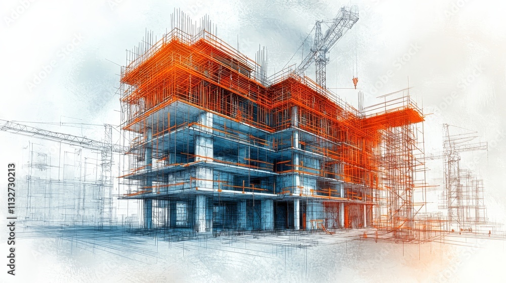 Urban skyline under construction with detailed blueprints, cranes, and ...