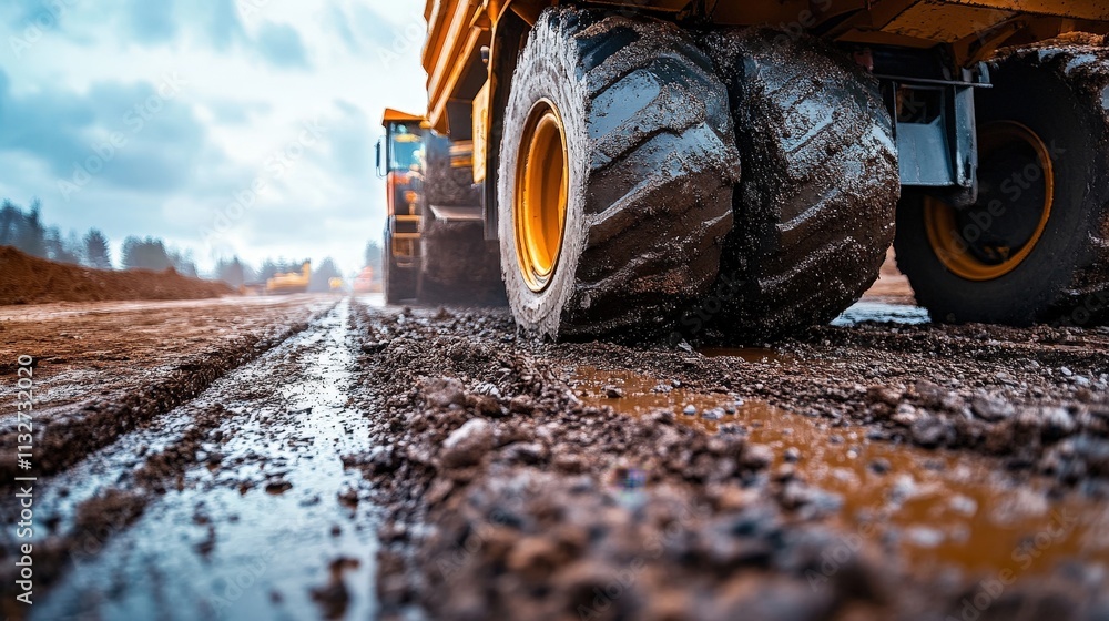 Dump Truck Driving on Muddy Jobsite Road Construction Heavy Equipment ...