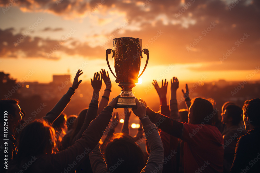 The winning team holds the trophy cup in their hands. Silhouettes of ...