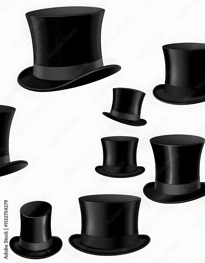 Realistic top hat clipart set. vintage black gentleman headdress ...