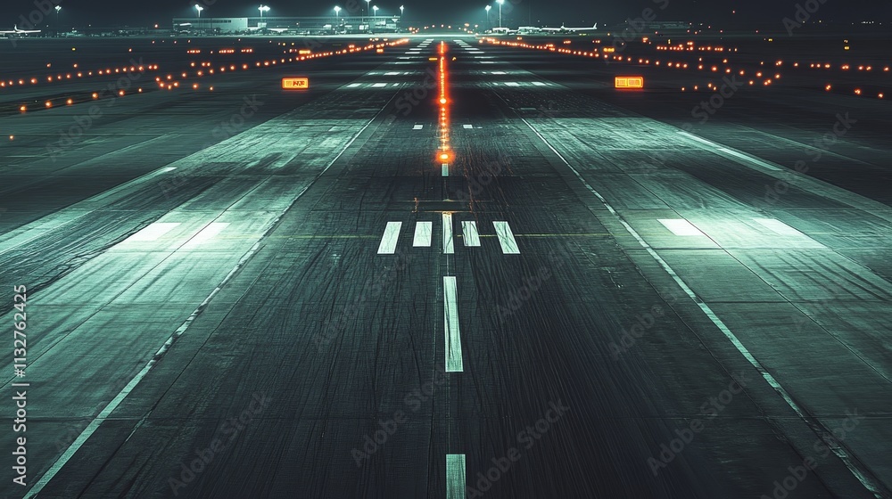 Empty concrete asphalt airport runway with numerous braking marks and ...