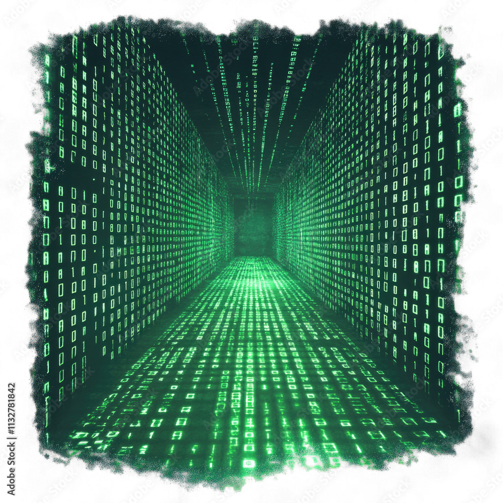Futuristic digital hallway filled with green binary code on a ...