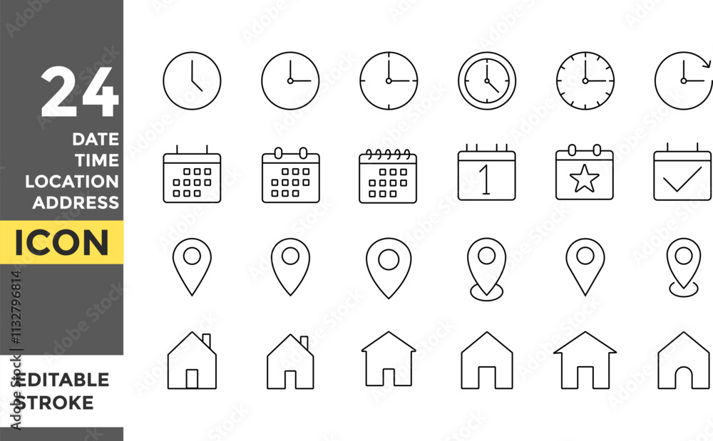 date time location address Editable line stroke icon set. Calendar icon symbol. clock sign ...