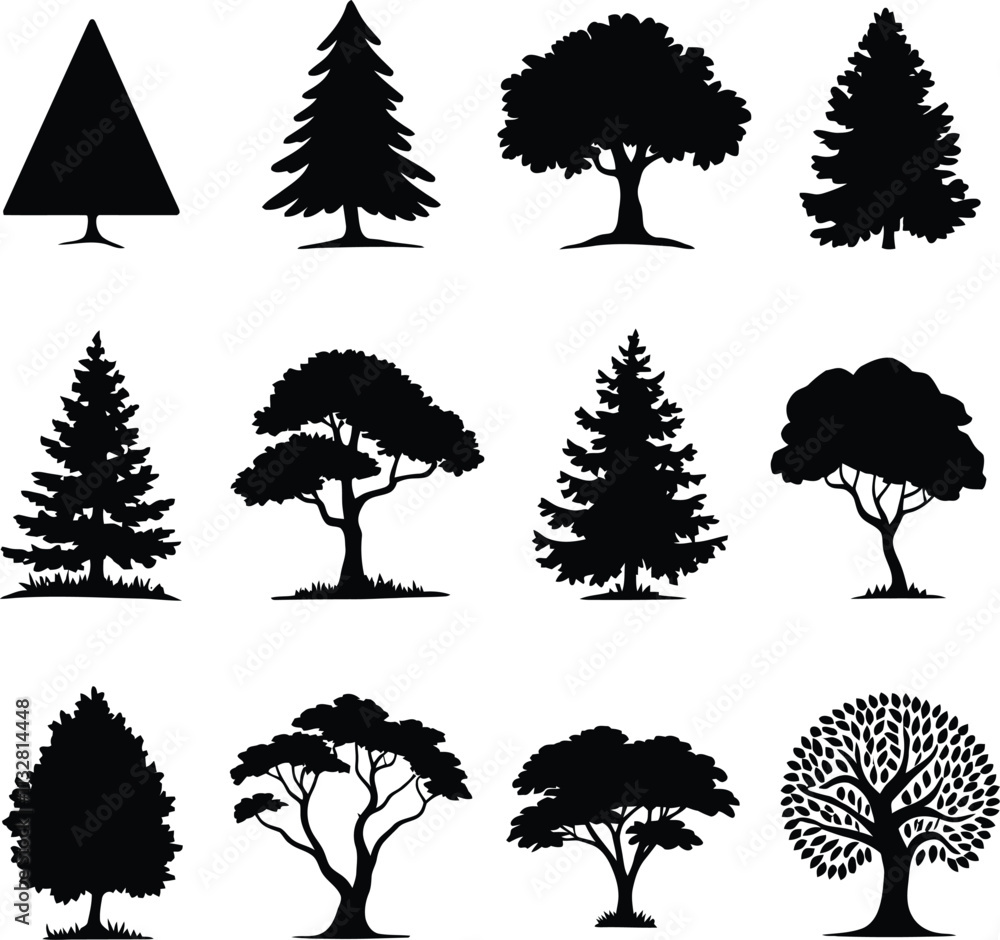 silhouette tree line drawing set, Side view, set of graphics trees ...