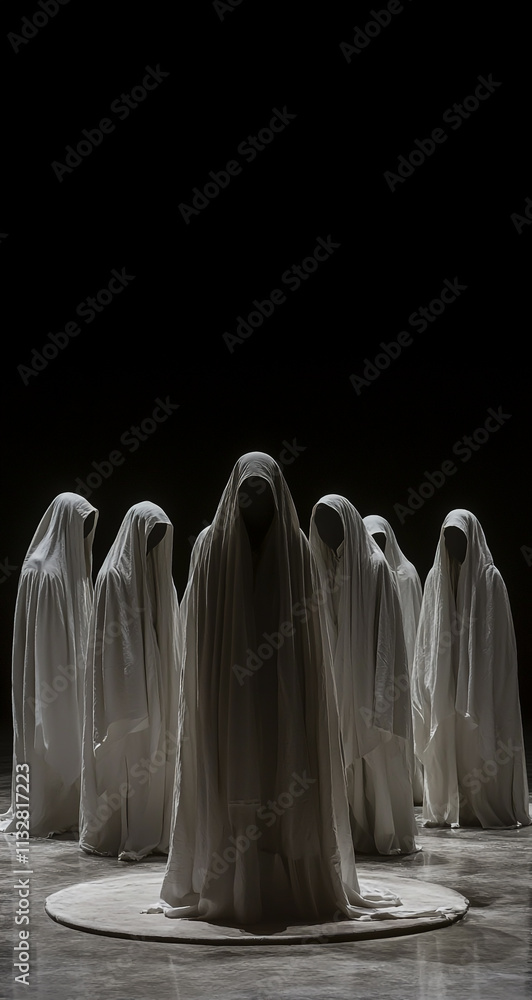 In the middle of an empty room, a circle of white-robed figures stand ...