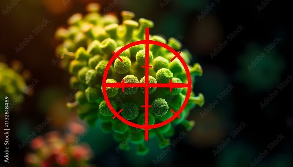 A vivid microscopic view of green cells with a bold red crosshair ...