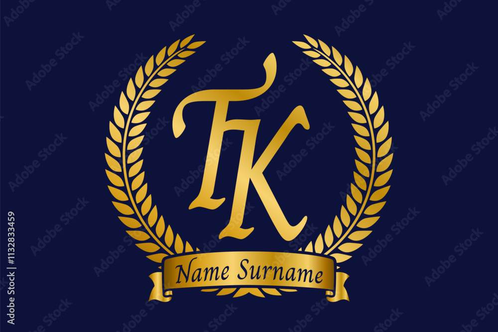 Initial letter T and K, TK monogram logo design with laurel wreath ...