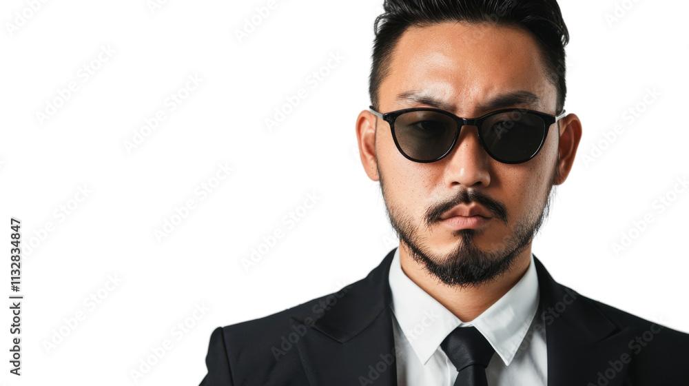Serious bodyguard young asian man beard dark sunglasses black suit on ...