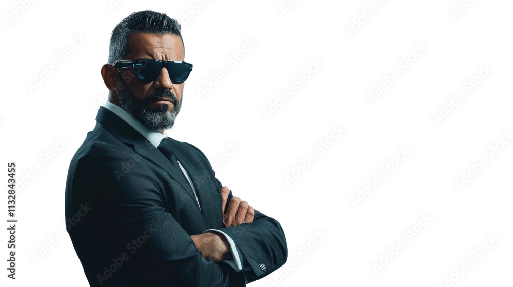 Serious bodyguard mature mexican man beard dark sunglasses black suit ...