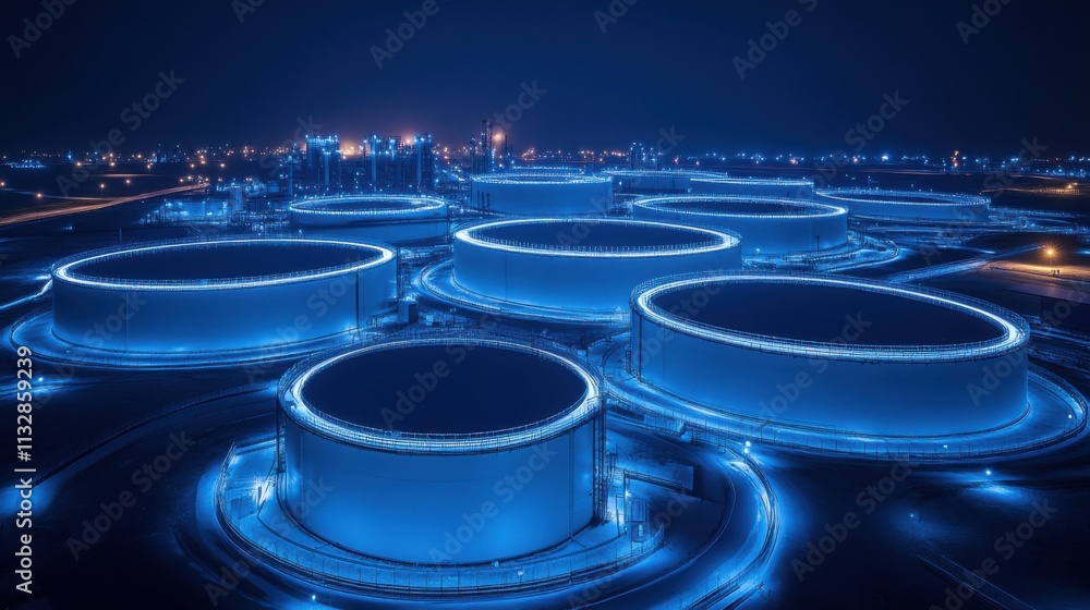 Moonless Night at a Petrochemical Facility: Cool Blue Illumination on ...