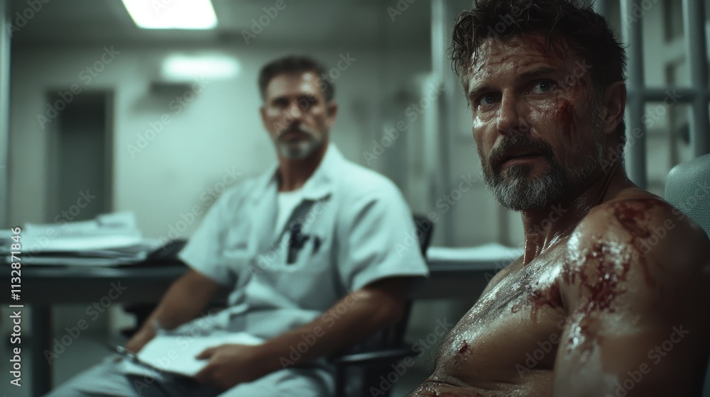 A shirtless inmate covered in bruises sits in a dimly lit prison room ...