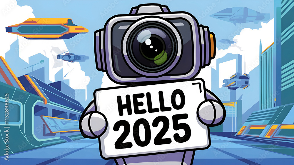 Hello 2025 futuristic illustration featuring a robot holding a sign in ...
