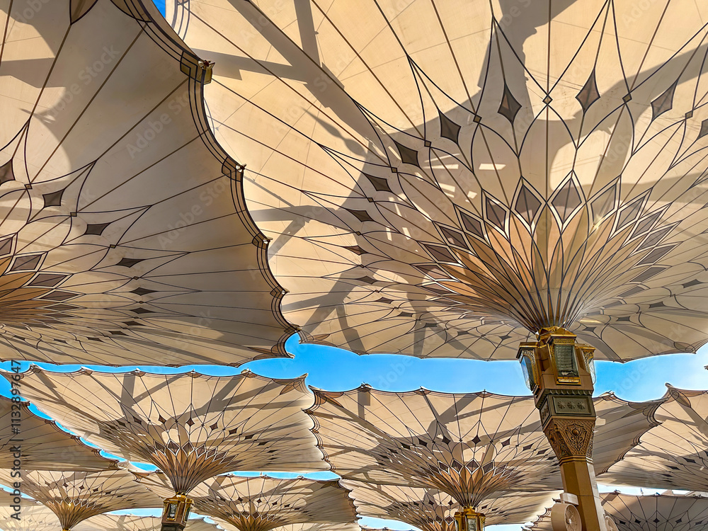 Foto de Stock Iconic large, open umbrellas in the courtyard of the ...