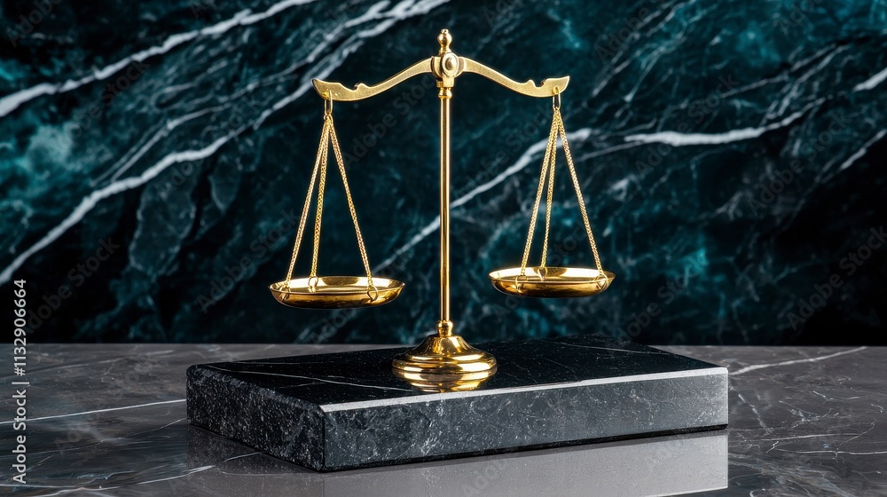 Elegant Gold Scales of Justice on a Black Marble Base with a Dark Marble Wall Background ...