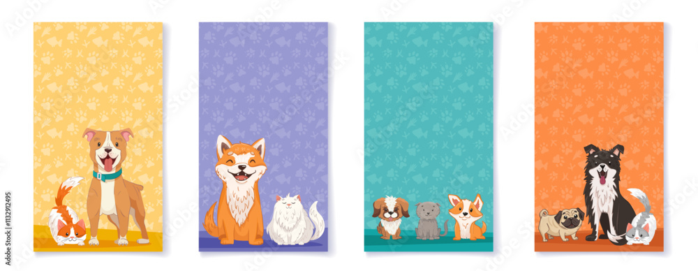 Vertical poster templates with cute pets. Dogs and cats of different ...