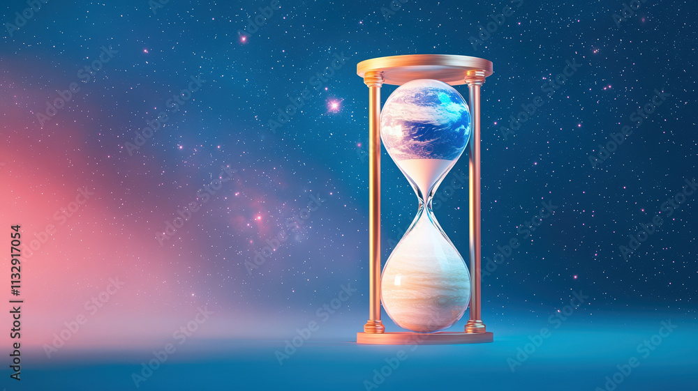 giant hourglass with planets cascading through time, symbolizing ...