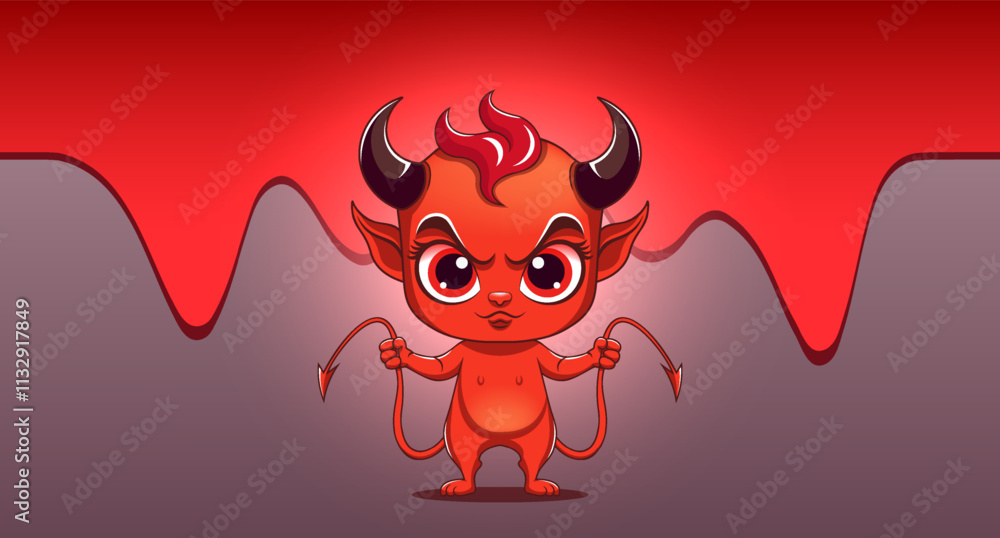 Vector cartoon red evil and funny little horned devil baby with two ...