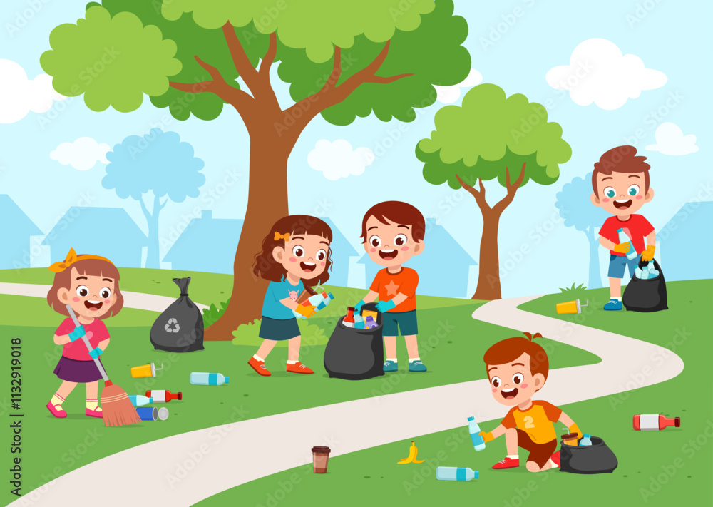 little kids cleaning park with friends Stock Vector | Adobe Stock