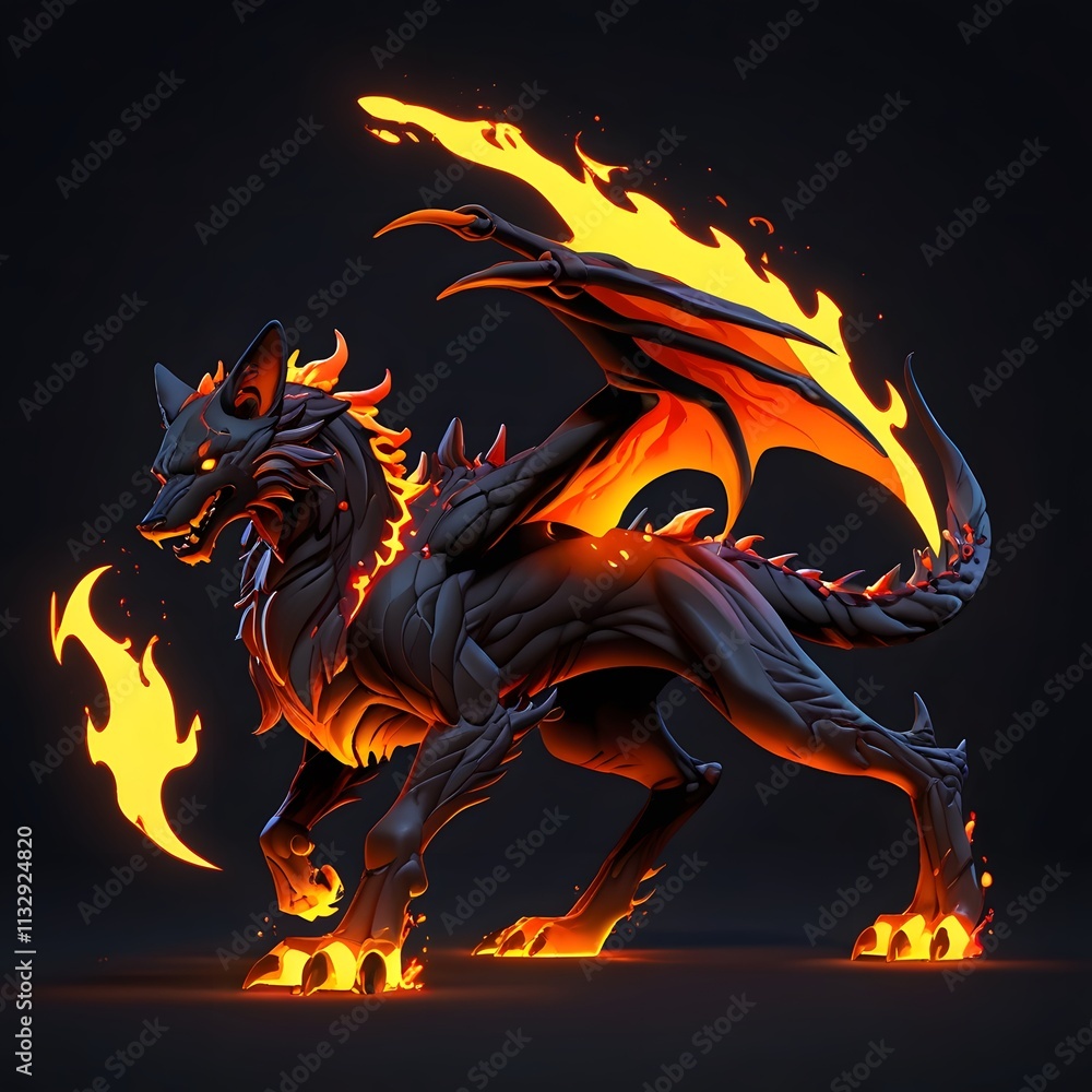 Mythical fire-breathing creature fantasy realm digital art dark ...