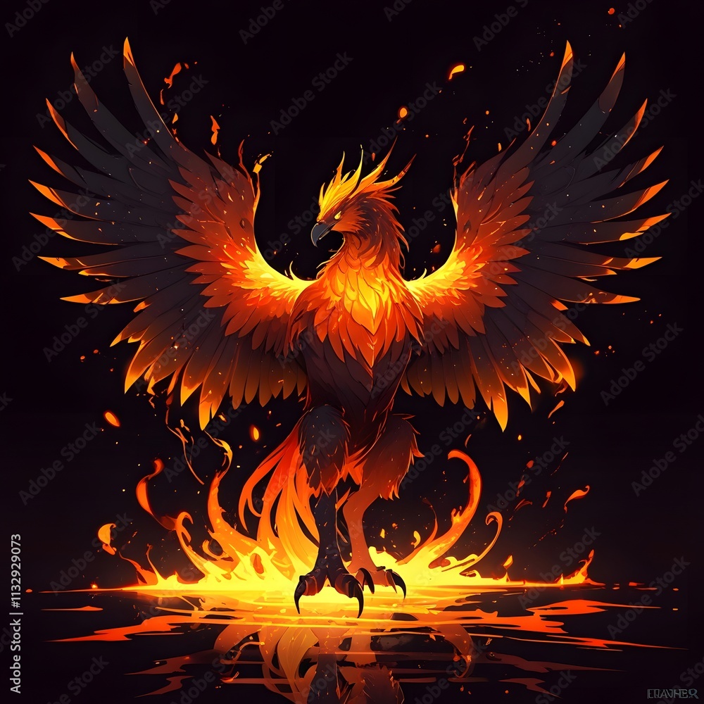 Fiery phoenix rising from flames fantasy realm digital art vibrant ...