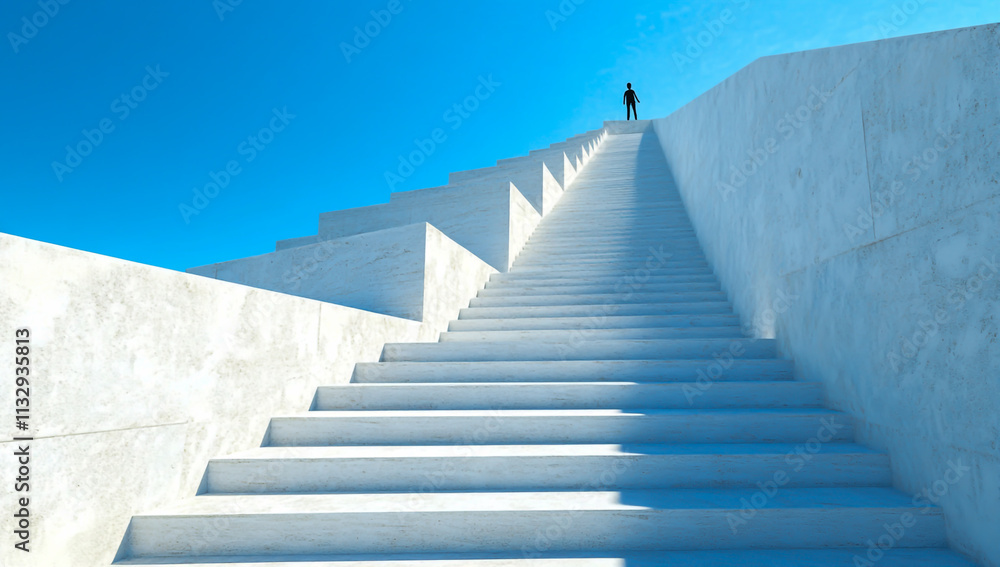 A broad white staircase stretched upward into the clear blue sky ...