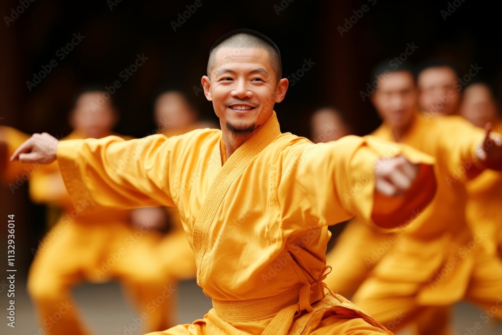 Shaolin monks practice martial arts in traditional attire during an ...