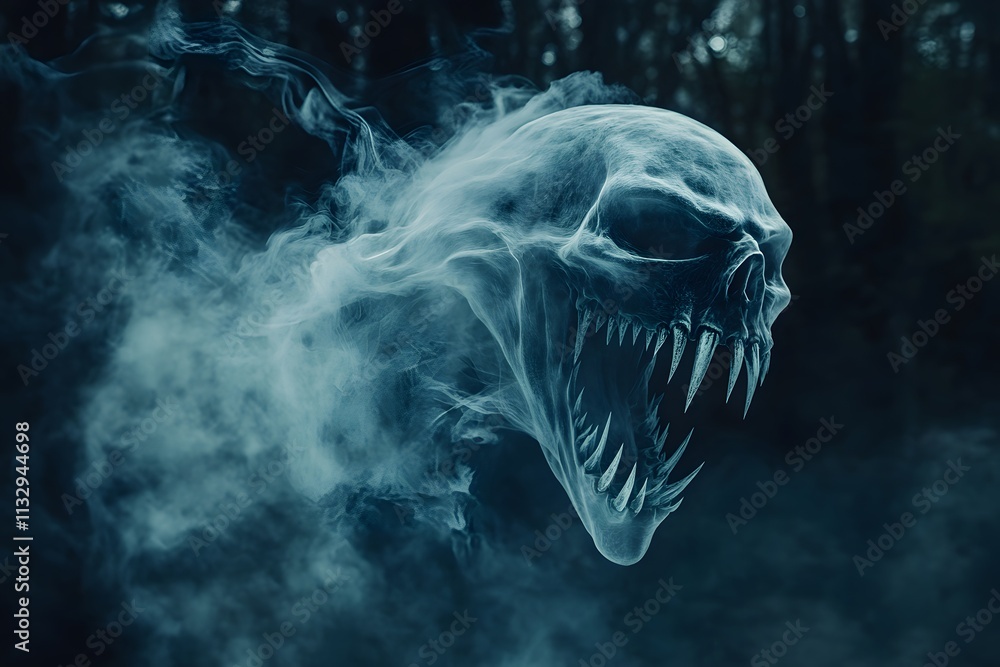 Scary smoke monster with sharp teeth in dark forest. Creepy alien ...