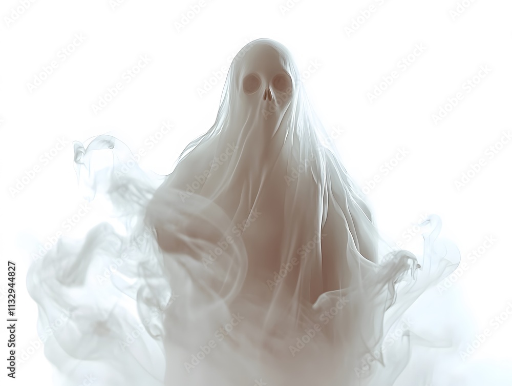 Ghostly white fabric floating in misty smoke effect against dark background. Spooky ethereal ...