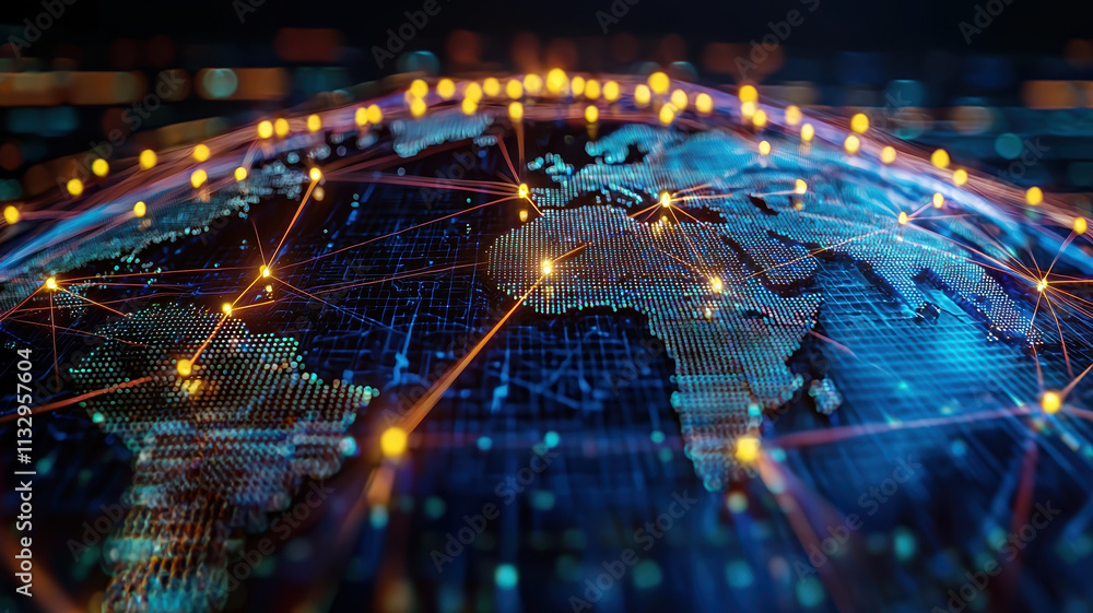 close up view of holographic globe showcasing interconnected networks, highlighting global ...