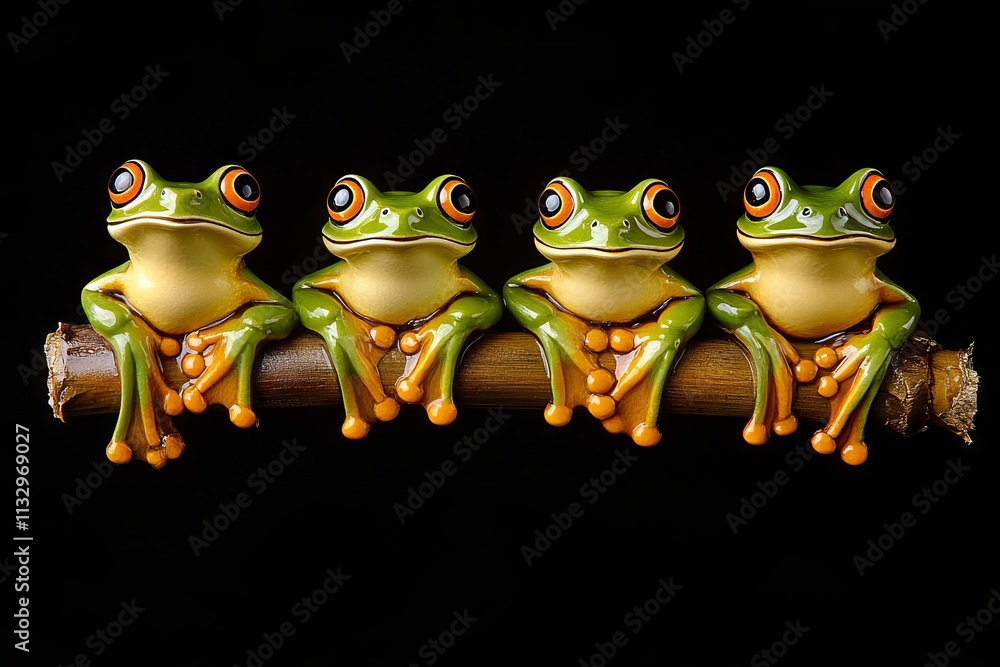 Four cute green flying frogs sitting on a bamboo stick, holding the ...