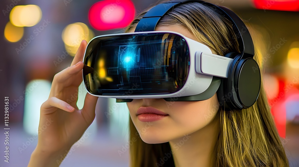 young woman using a VR headset, with digital visuals of a 3D virtual ...