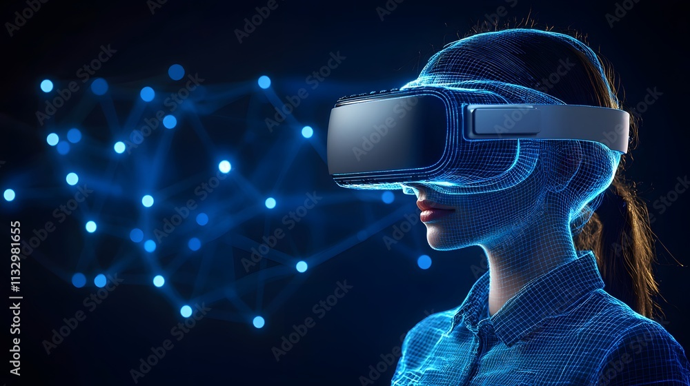 young woman using a VR headset, with digital visuals of a 3D virtual ...