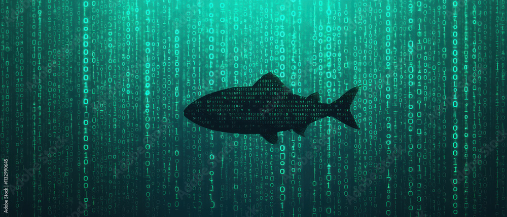 Phishing and Exposure concept. Swimming fish silhouette with binary ...