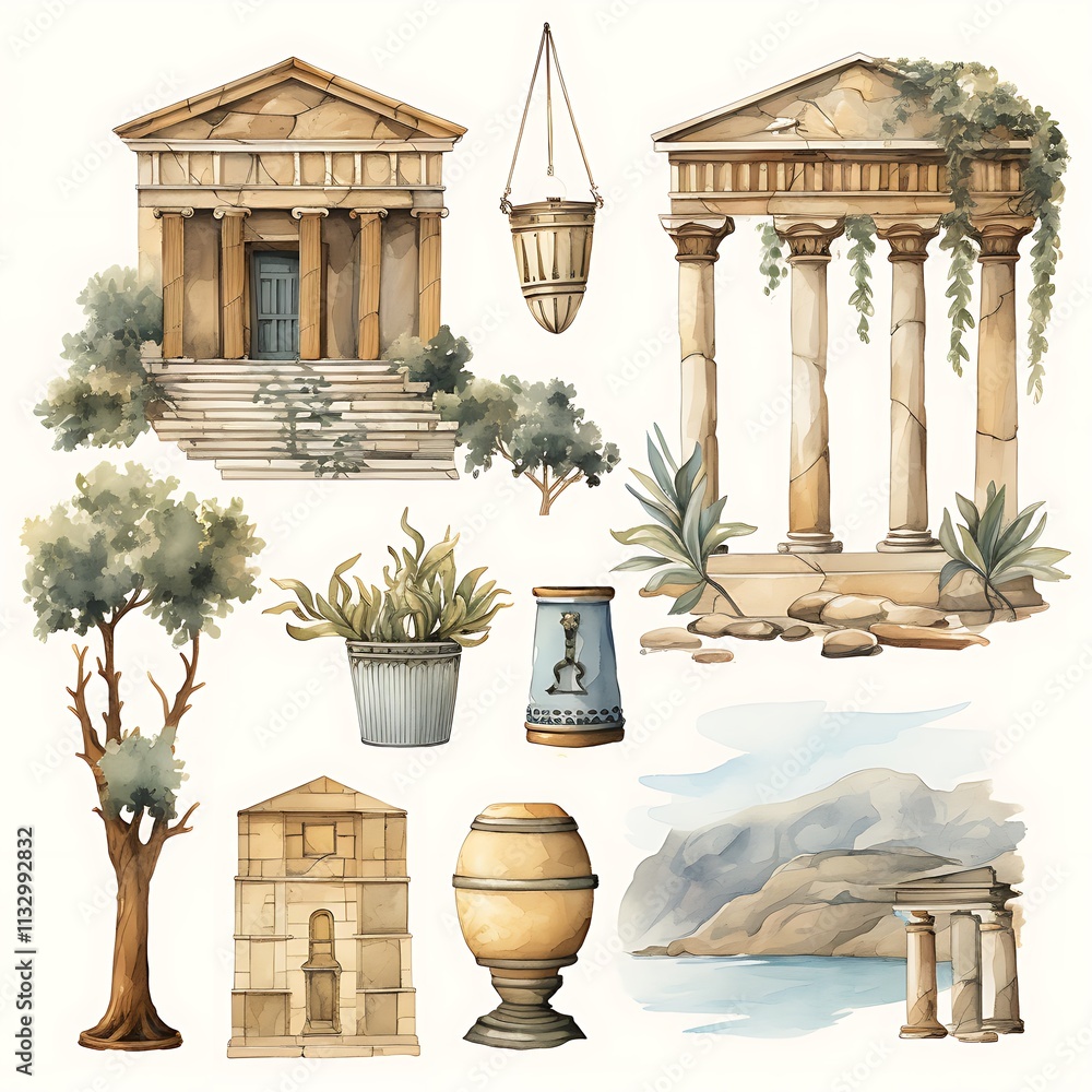 Watercolor set design bundle depicting ancient greek architecture and ...